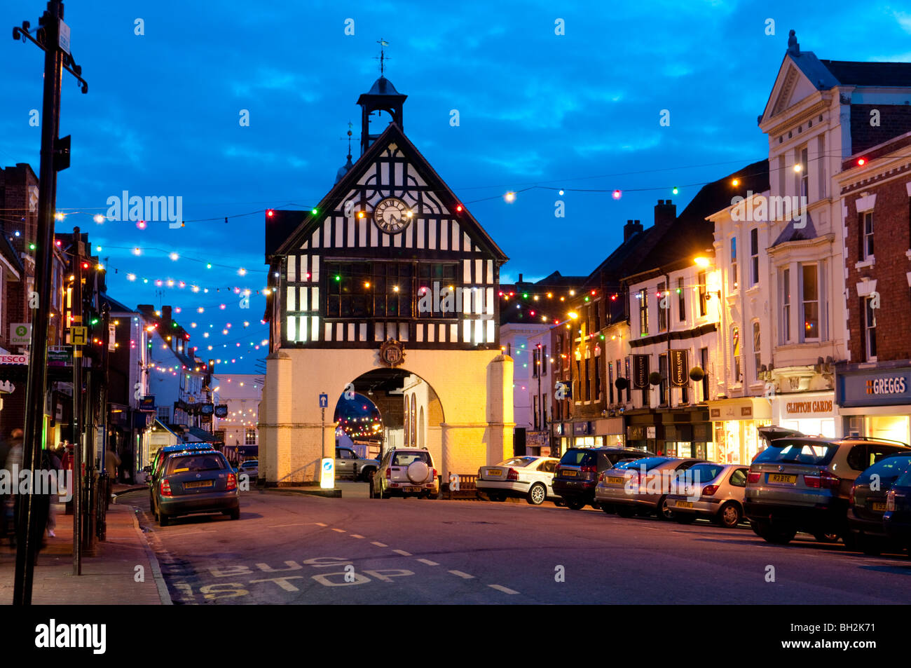 Bridgnorth Town Hall, Shropshire, with Christmas lights at night Stock ...