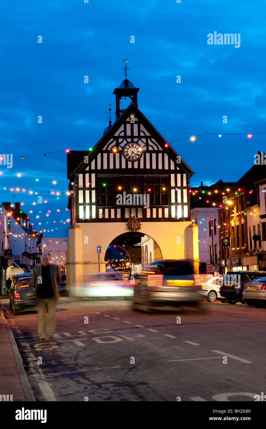 Bridgnorth Town Hall, Shropshire, with Christmas lights at night Stock ...