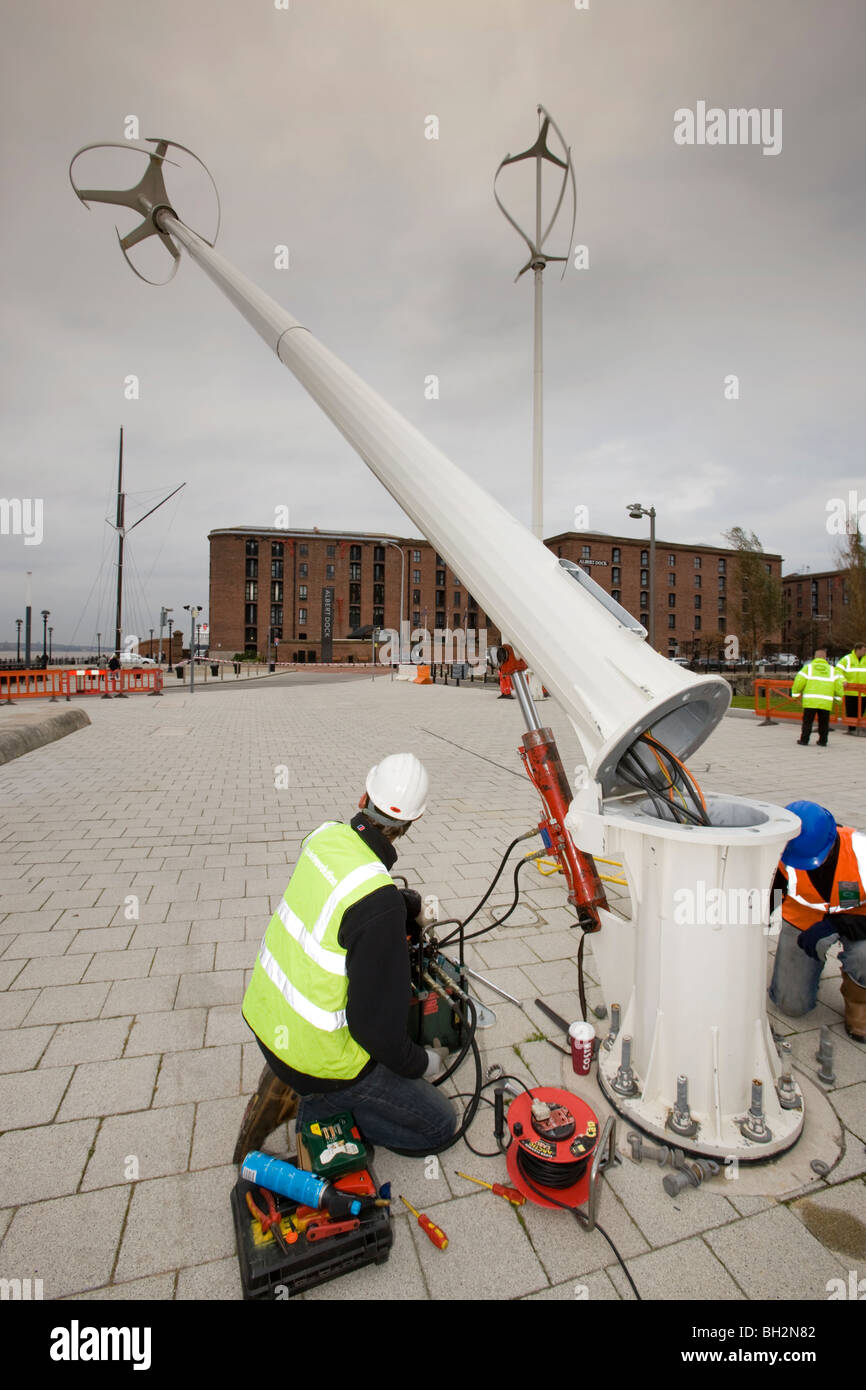 Servicing vertical axis wind turbines, Albert Dock, Liverpool Stock ...