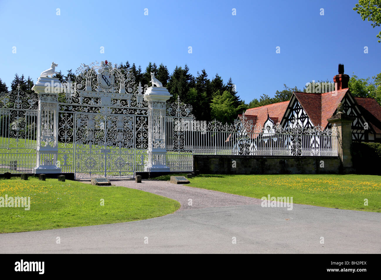 Chirk Gates are at the entrance to the parkland of Chirk Castle, owned ...