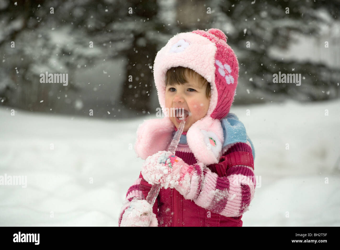 Cute little girl eating an icicle Stock Photo - Alamy