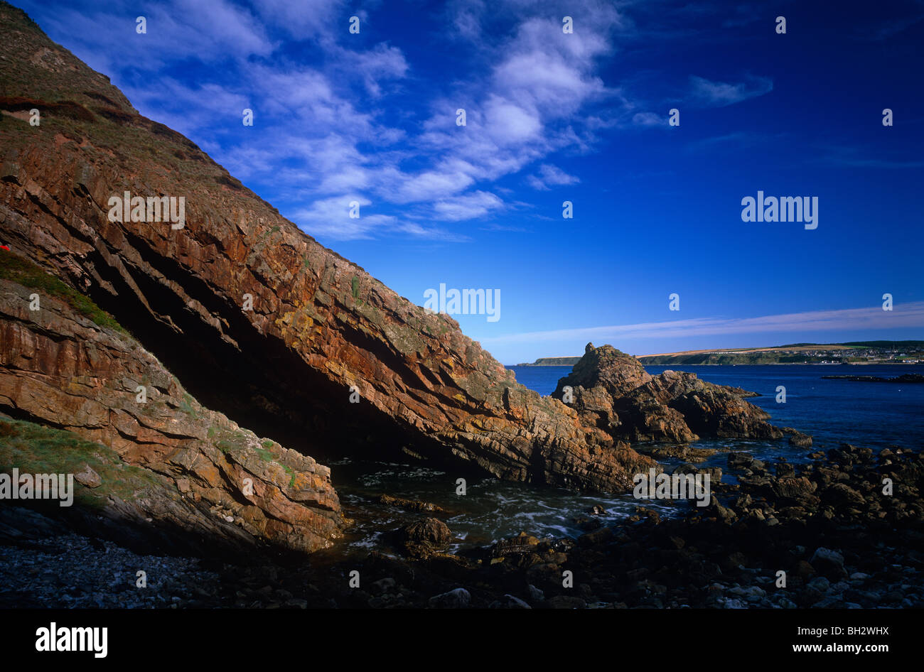 A view of Cullen beach and bay on the Moray Firth in North east ...