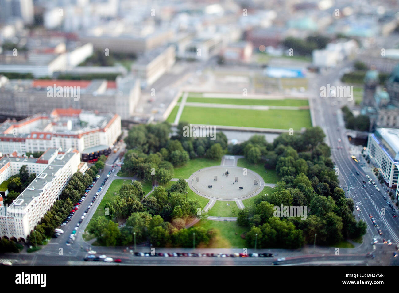 Aerial view from the TV Tower of the Marx-Engels-Forum park, Berlin ...