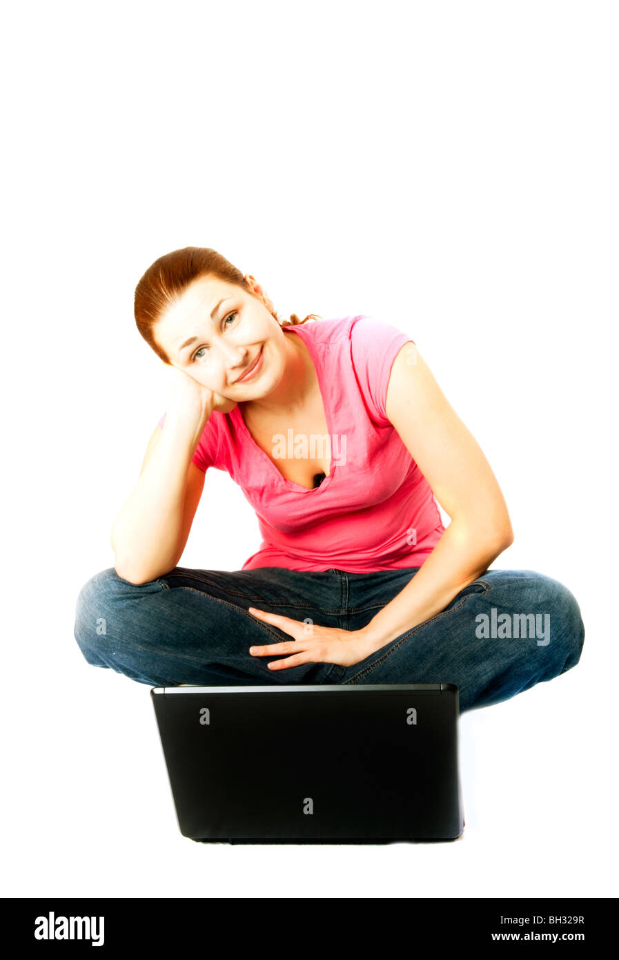 girl with a computer. Isolation on white Stock Photo - Alamy