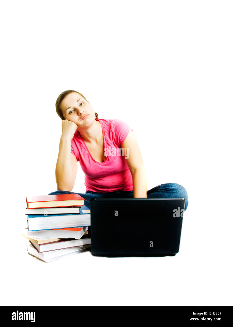 The girl with a computer. Isolation on white Stock Photo - Alamy