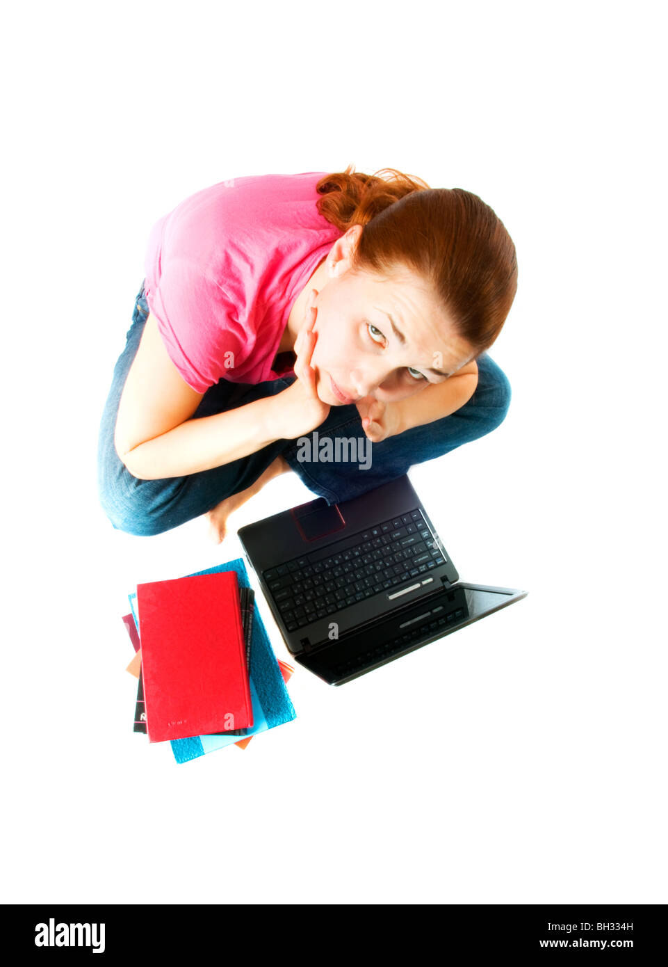 girl with a computer. Isolation on white Stock Photo - Alamy