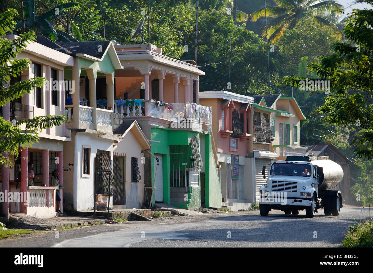 Fuel delivery truck, row of houses, Samana peninsula, Dominican ...
