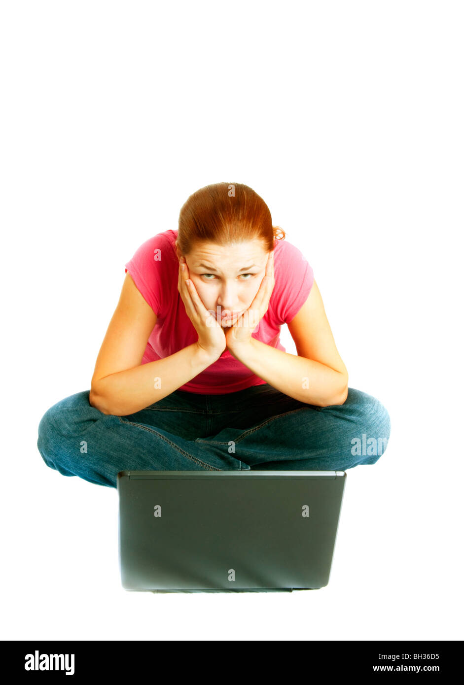 The girl with a computer. Isolation on white Stock Photo - Alamy