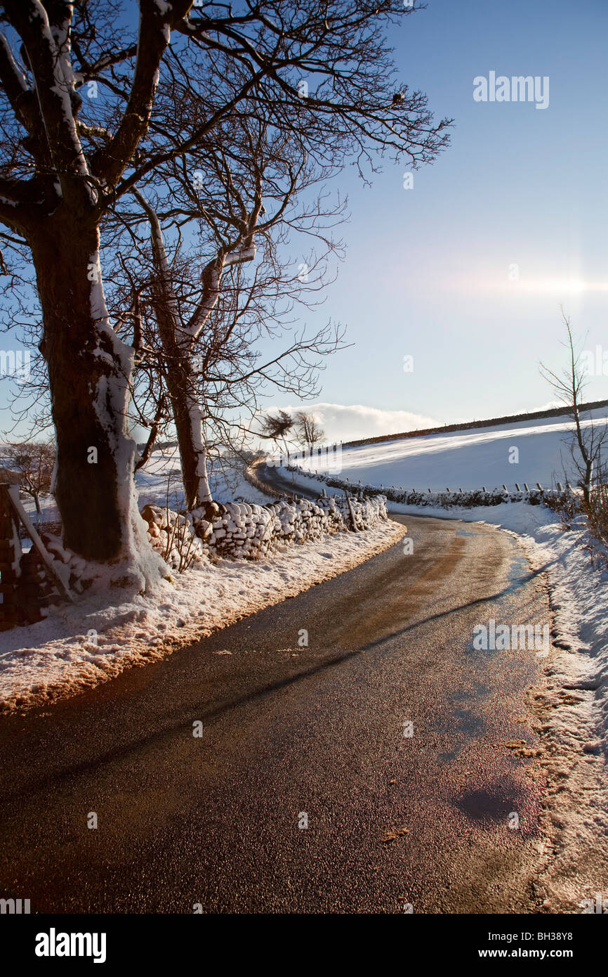 A country road in winter Strines Sheffield south Yorkshire England UK ...