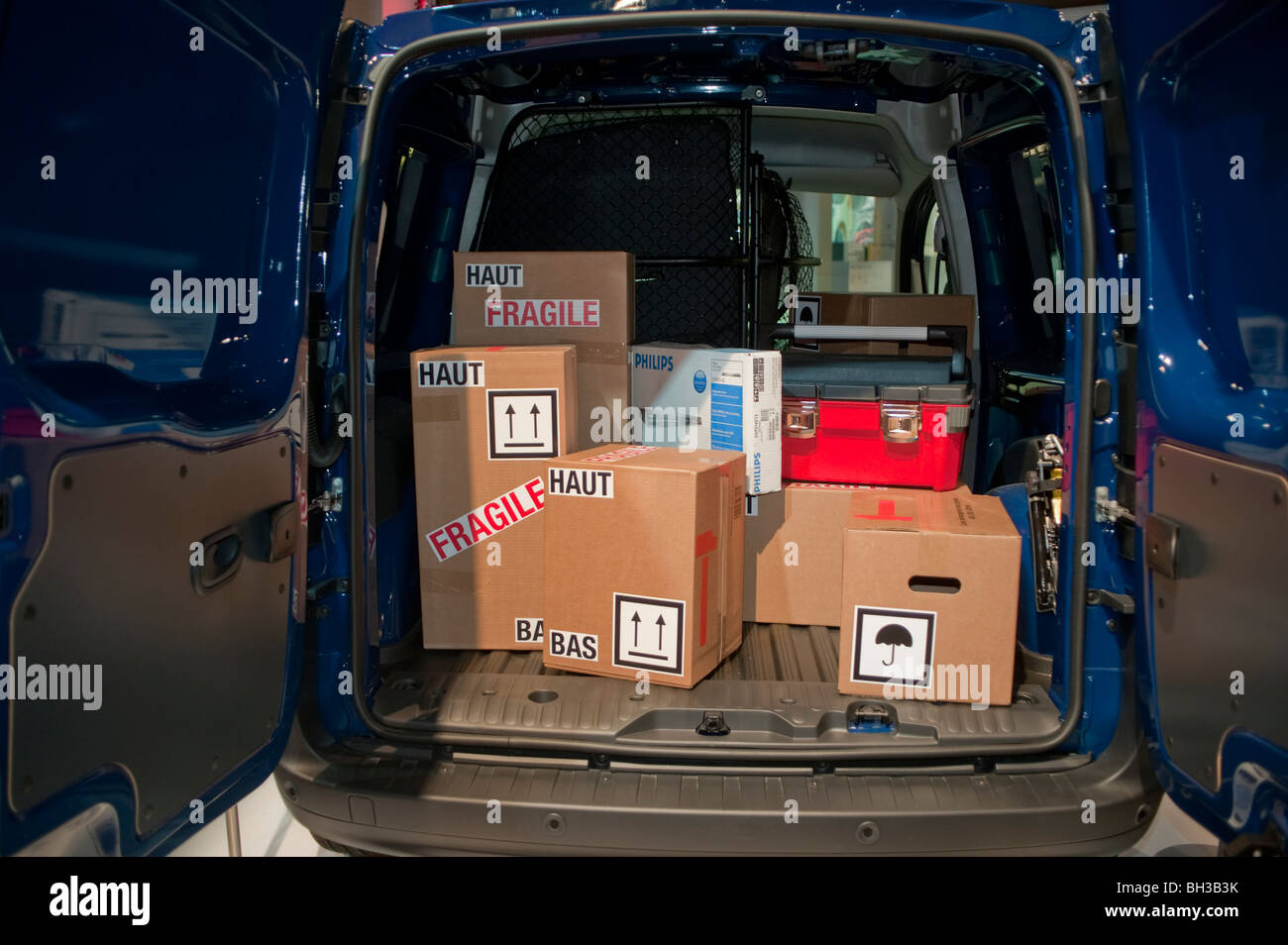 Paris, France, Close up, Behind, Open Door, Van, Delivery Truck, boxes ...