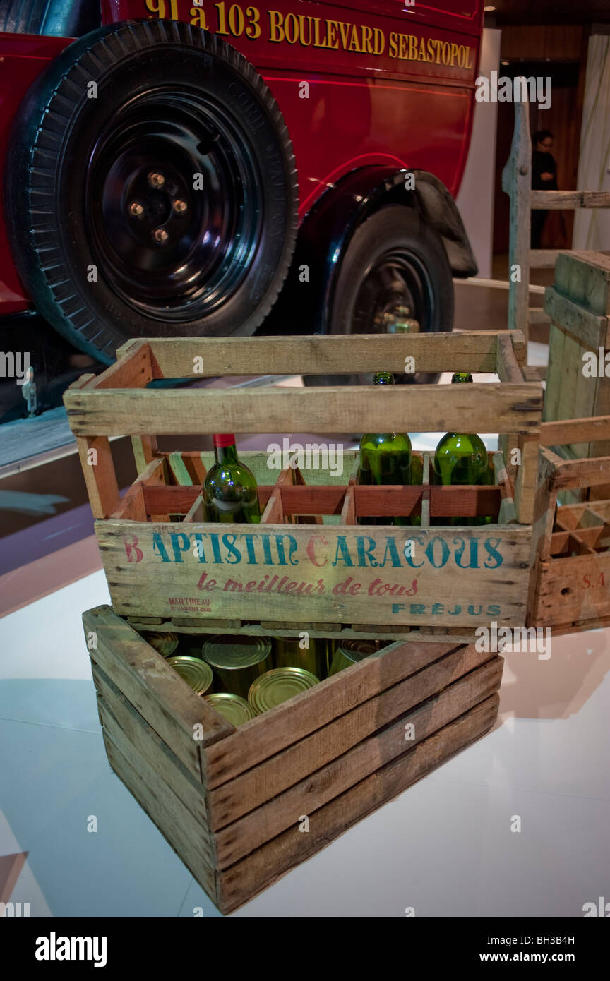 Paris, France, Wine Bottles in Wooden Crates, on display in Renault Car ...