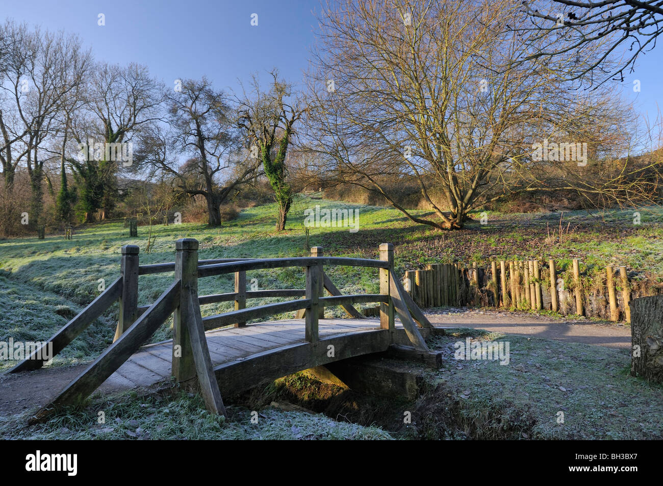 Wooden Footbridge in Holywell Orchard Stock Photo - Alamy