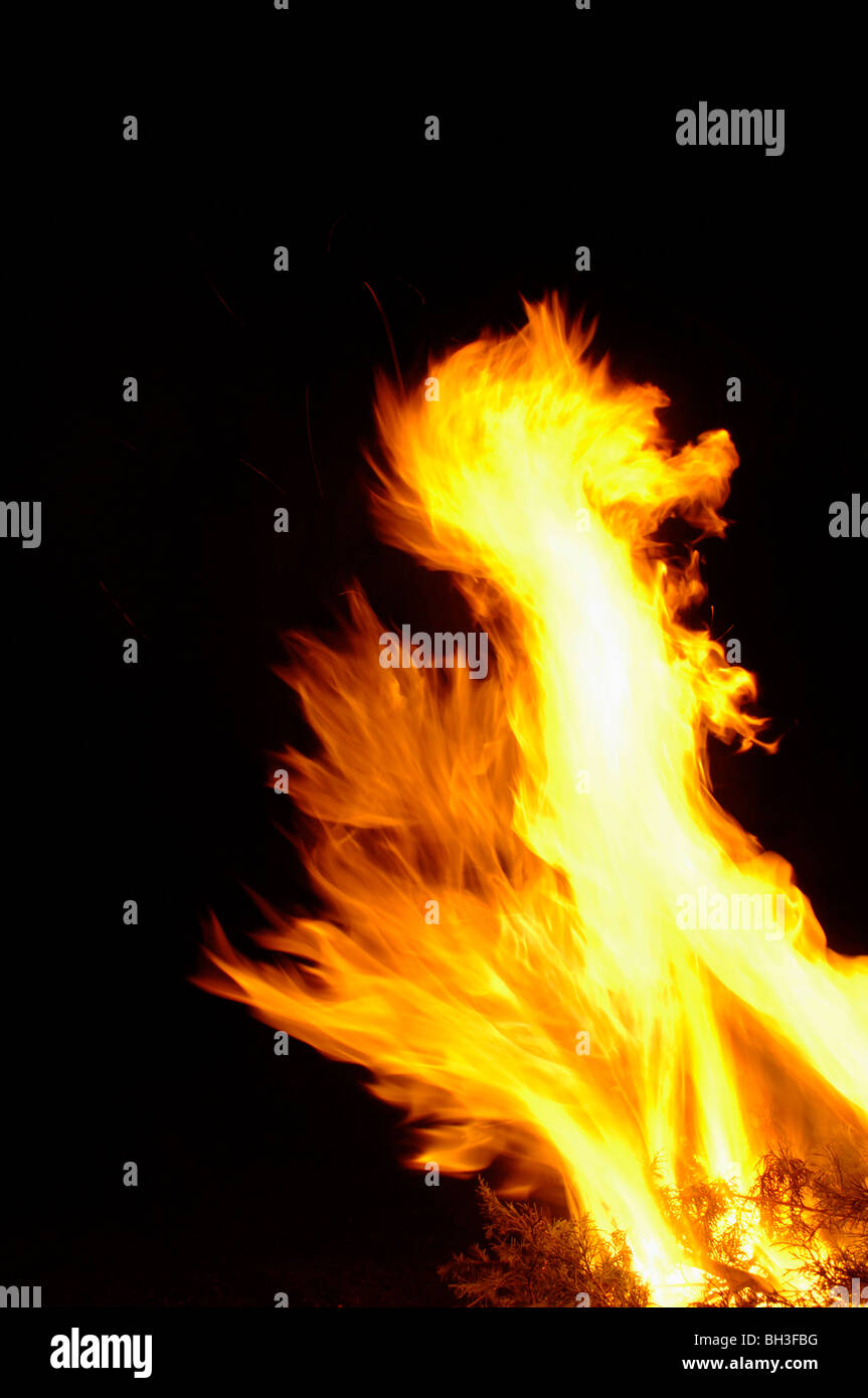 Flames of a outdoor campfire flare up, dance and surge for a ...