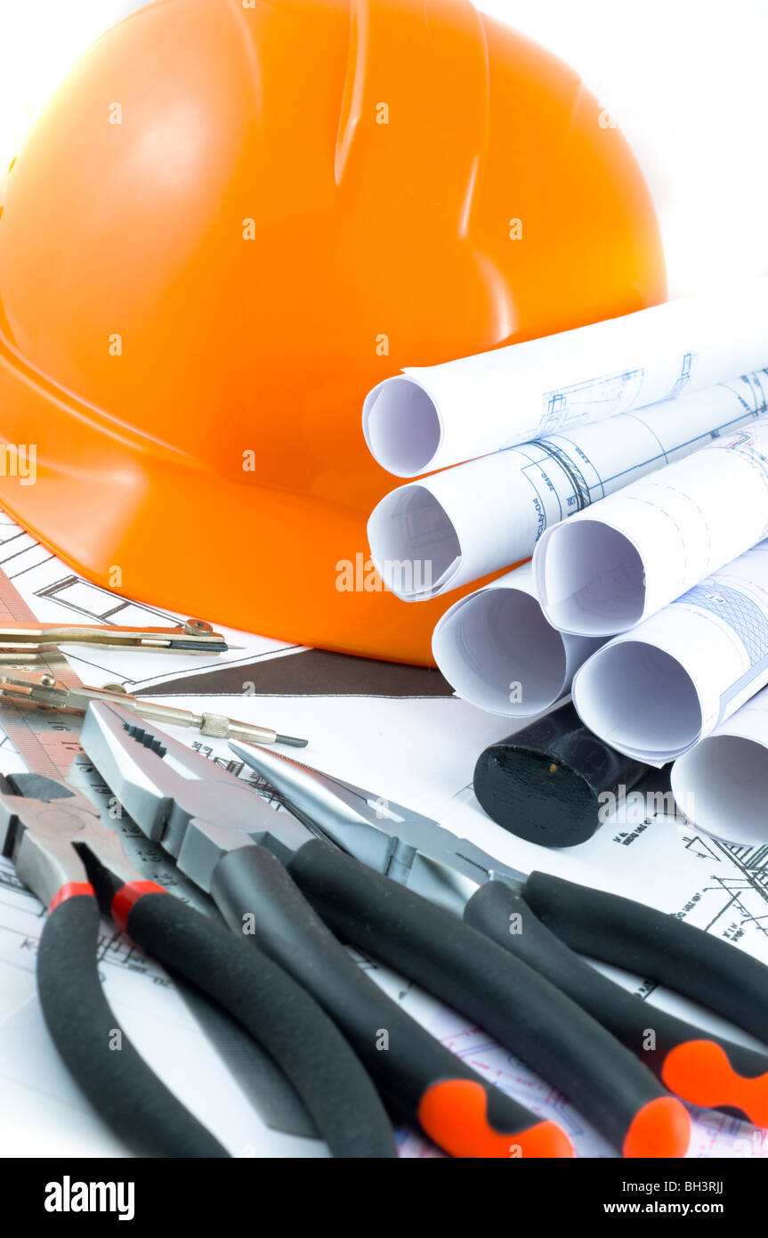 hard hat and working tools Stock Photo - Alamy