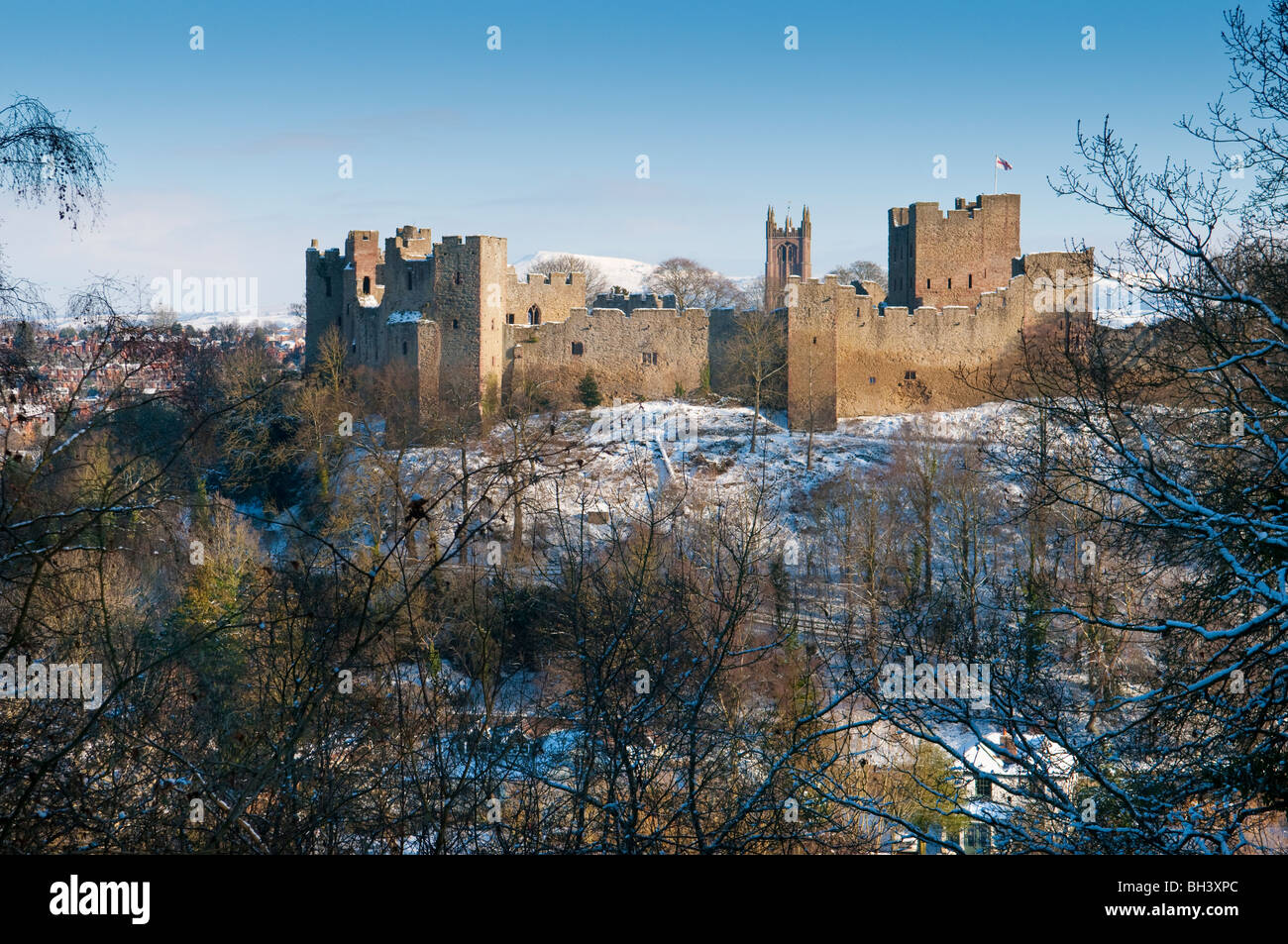 Ludlow Castle and St Laurence's church in a snow covered Shropshire ...