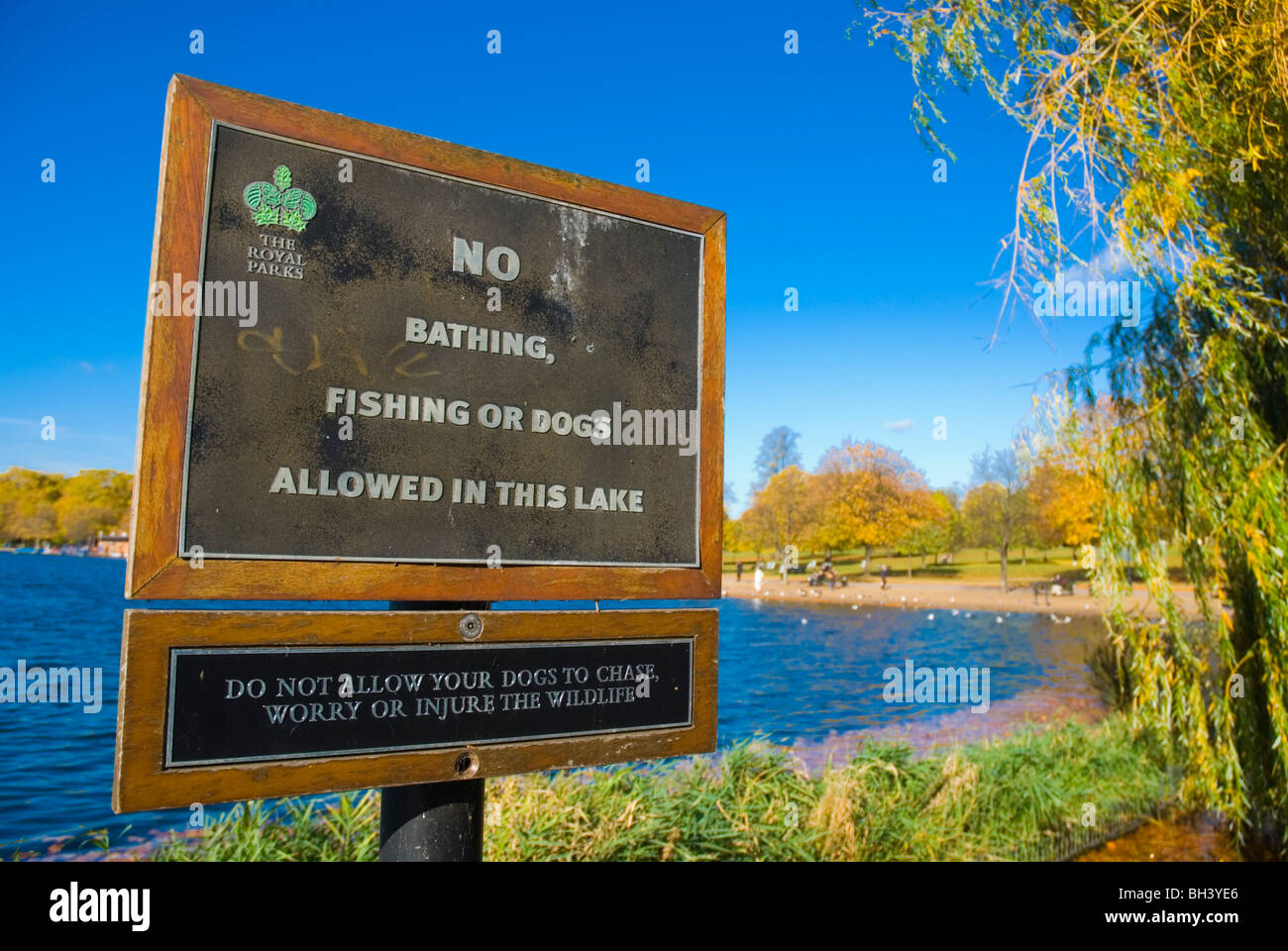 Warning sign by the Serpentine Lake Hyde Park central London England UK ...