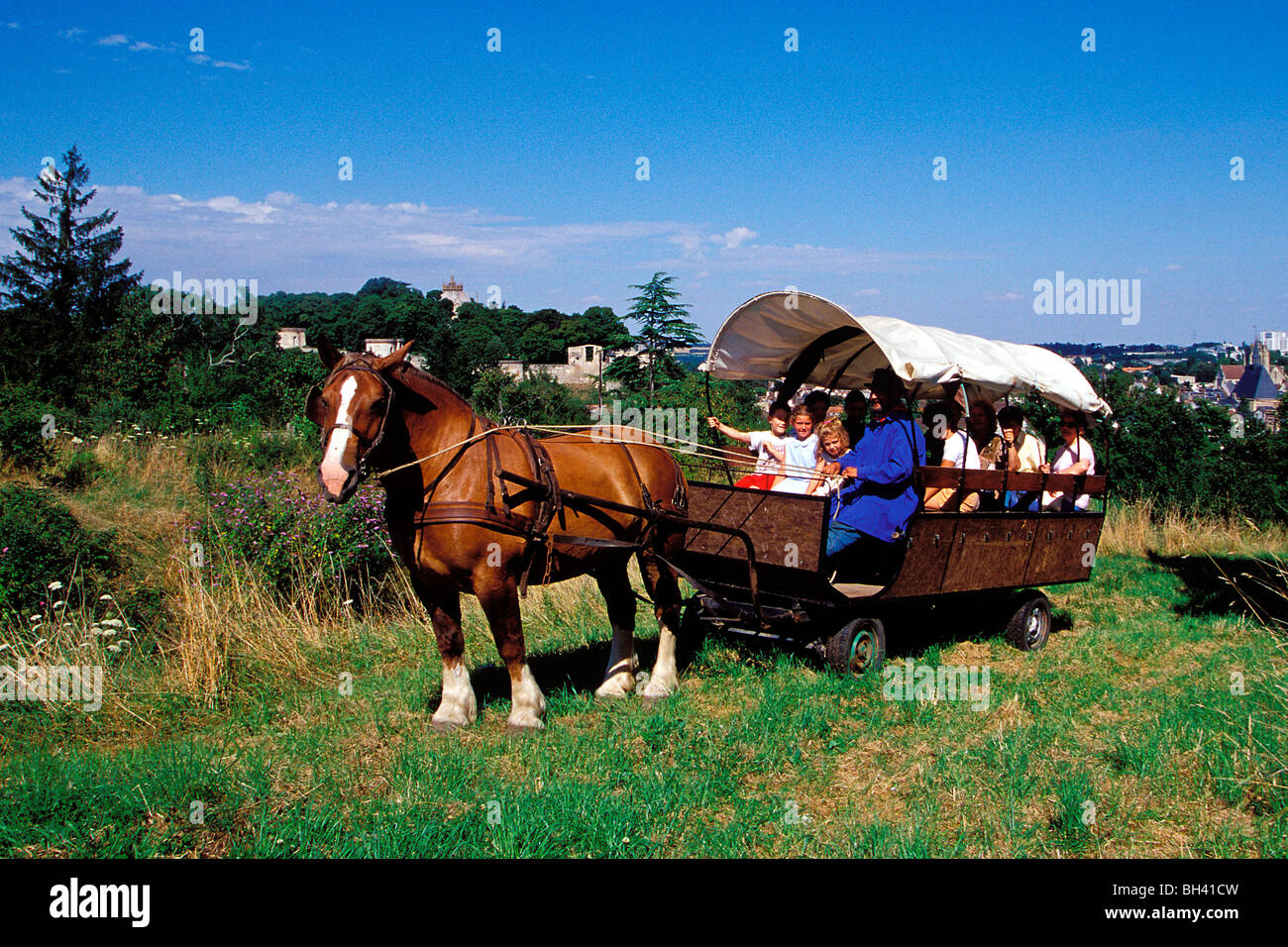 Open air activities a ride in a horse drawn wagon hi-res stock ...