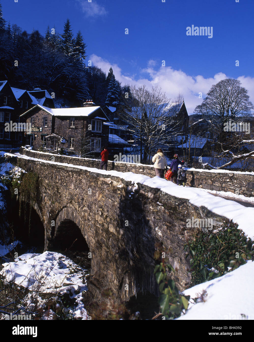 Pont Y Pair Bridge of the Cauldron in snow Betws-y-Coed Conwy Snowdonia ...
