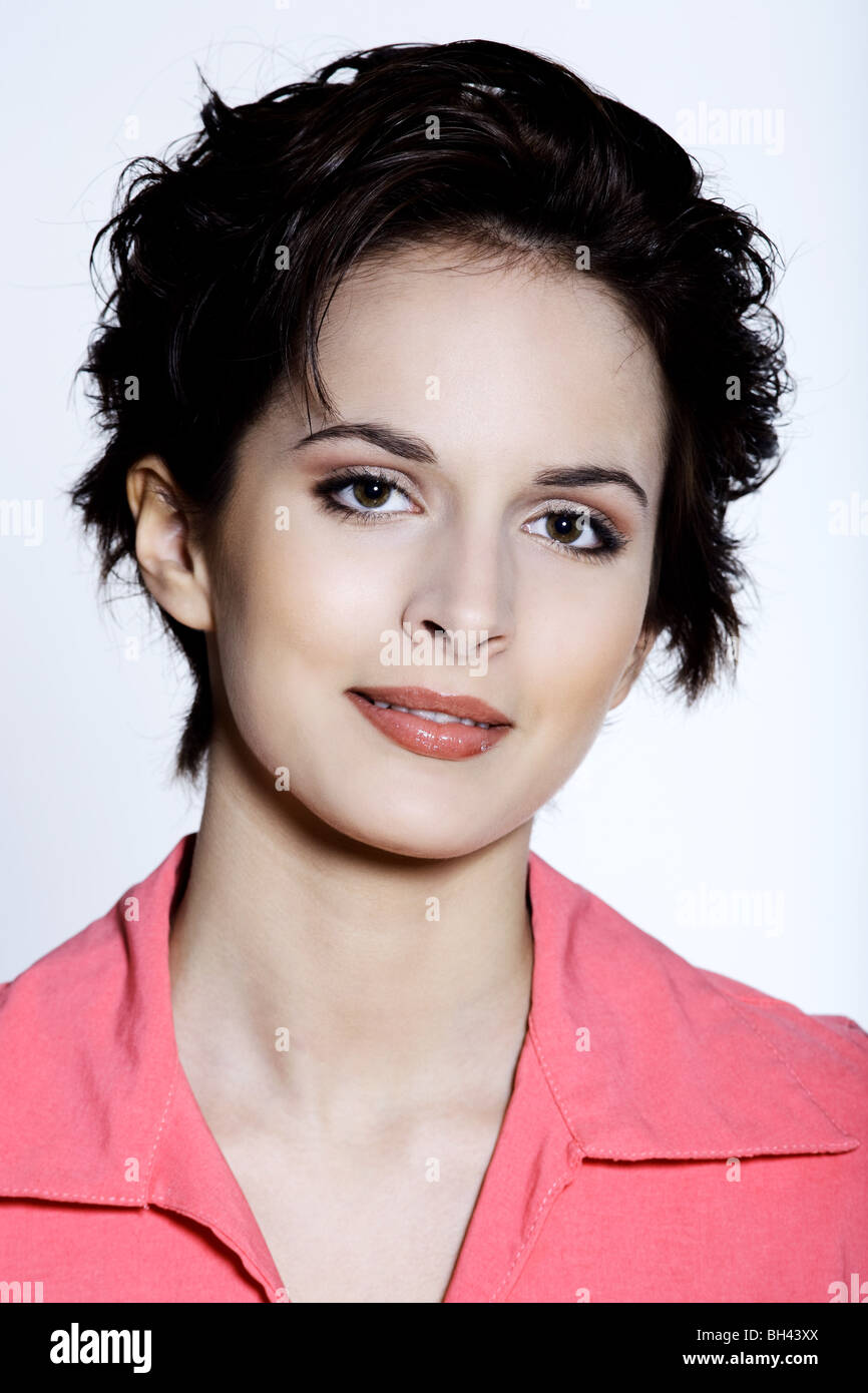 studio shot portrait on grey background of a Beautiful smiling French ...