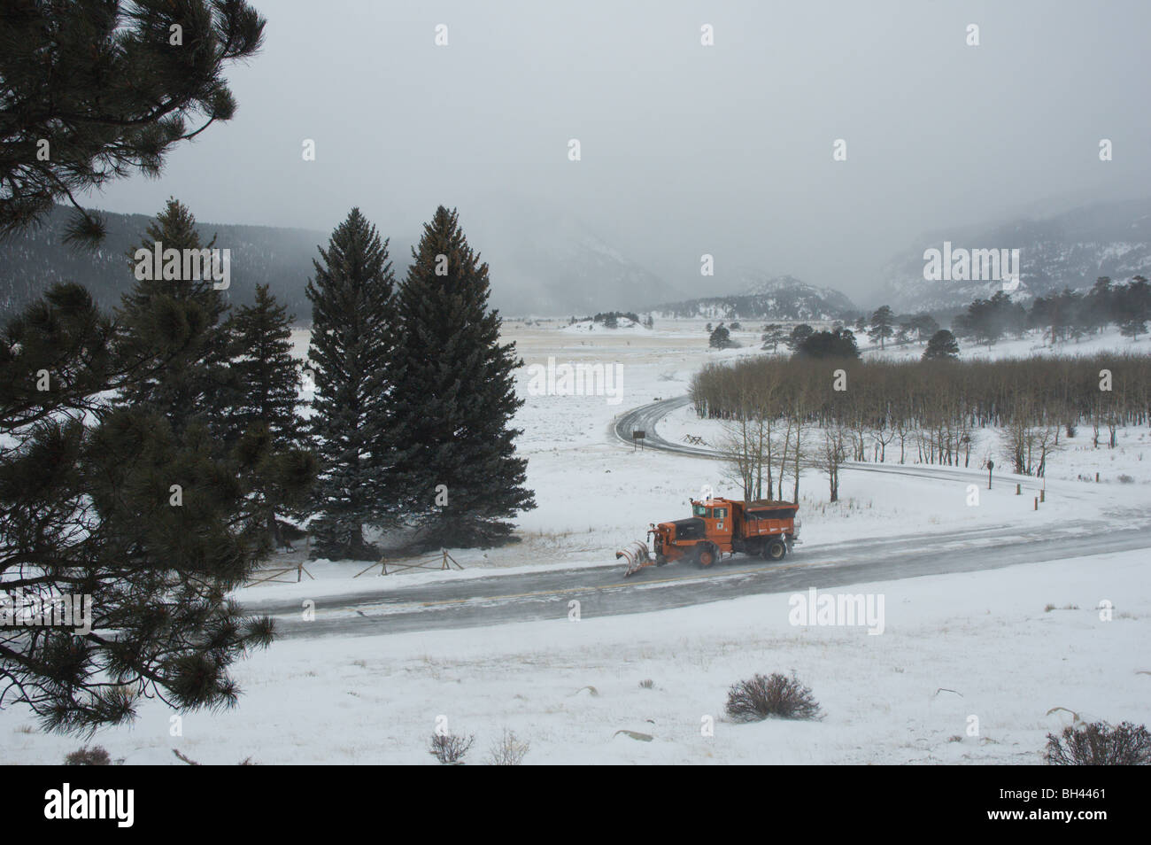 Snow plow clearing roads in Rocky Mountain National Park, Colorado, USA ...