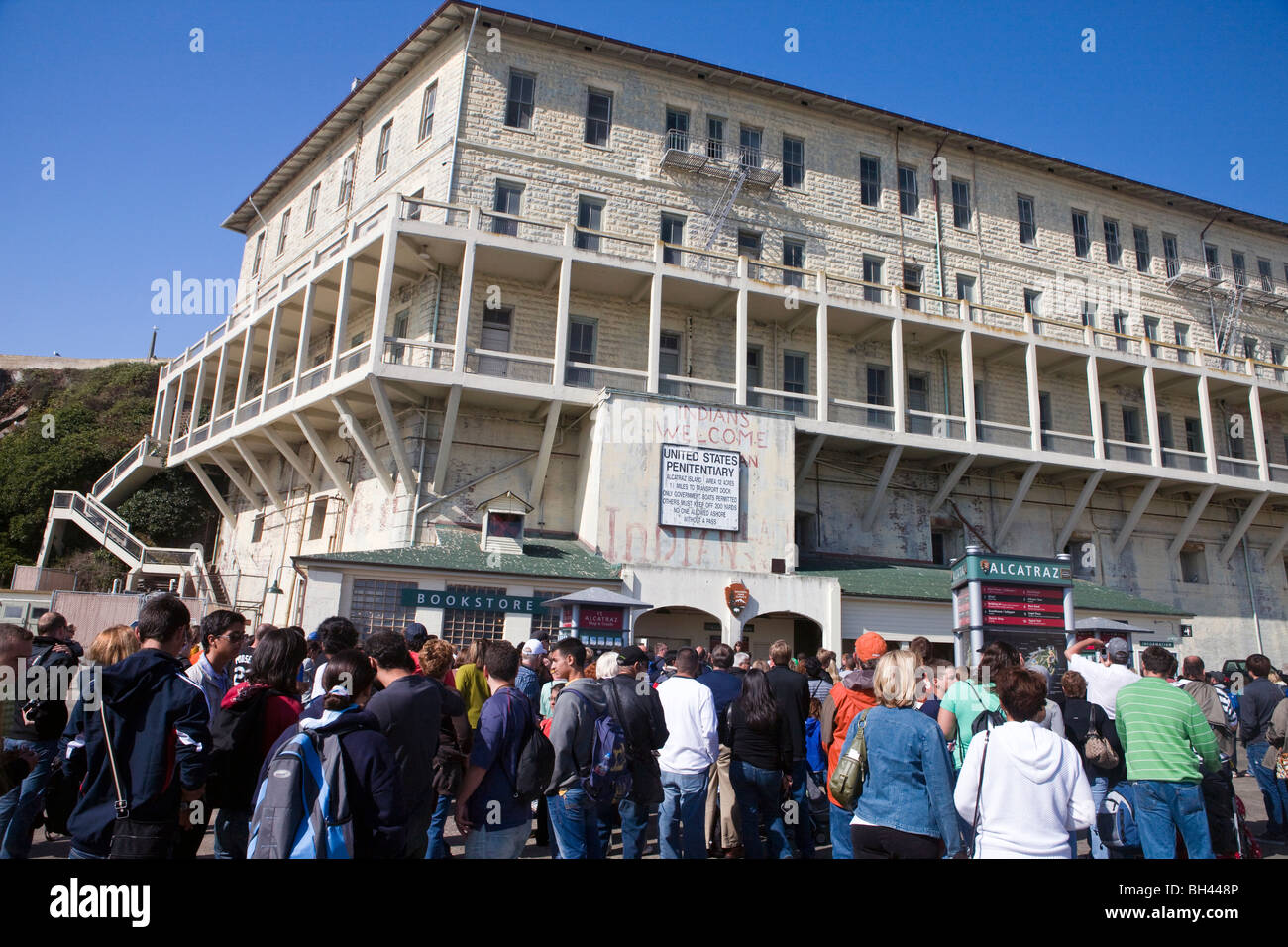 Tourists line up on the dock of Alcatraz Island, Golden Gate National ...