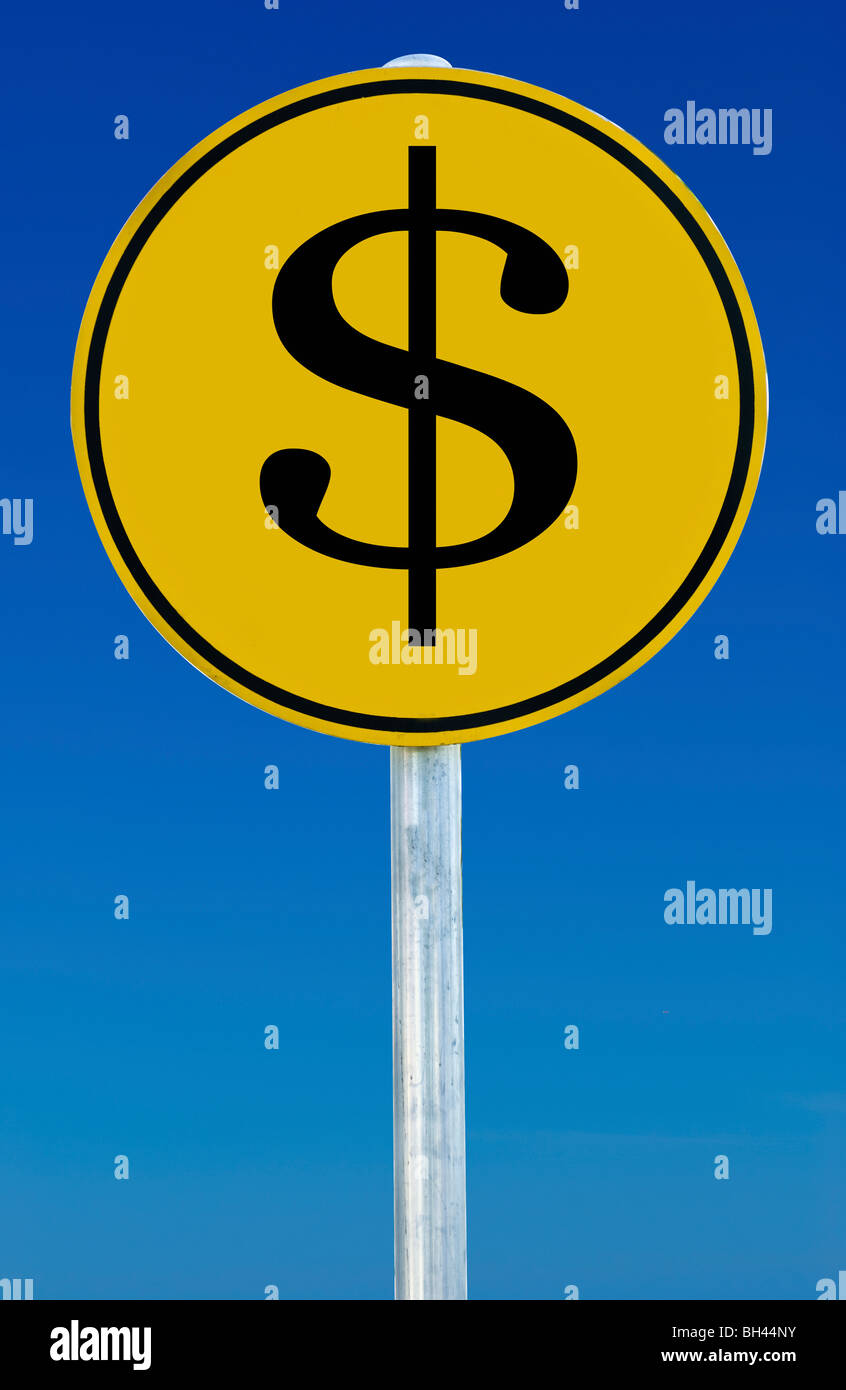 A road sign with an dollar ($) sign on it isolated on a blue sky Stock ...