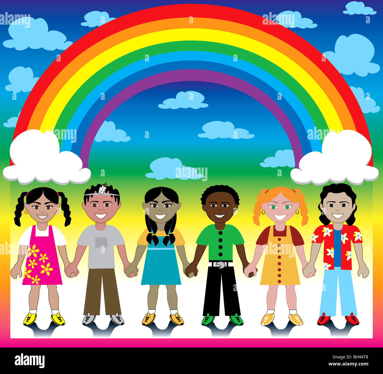 Vector Illustration of 6 happy kids under a rainbow with a colorful ...