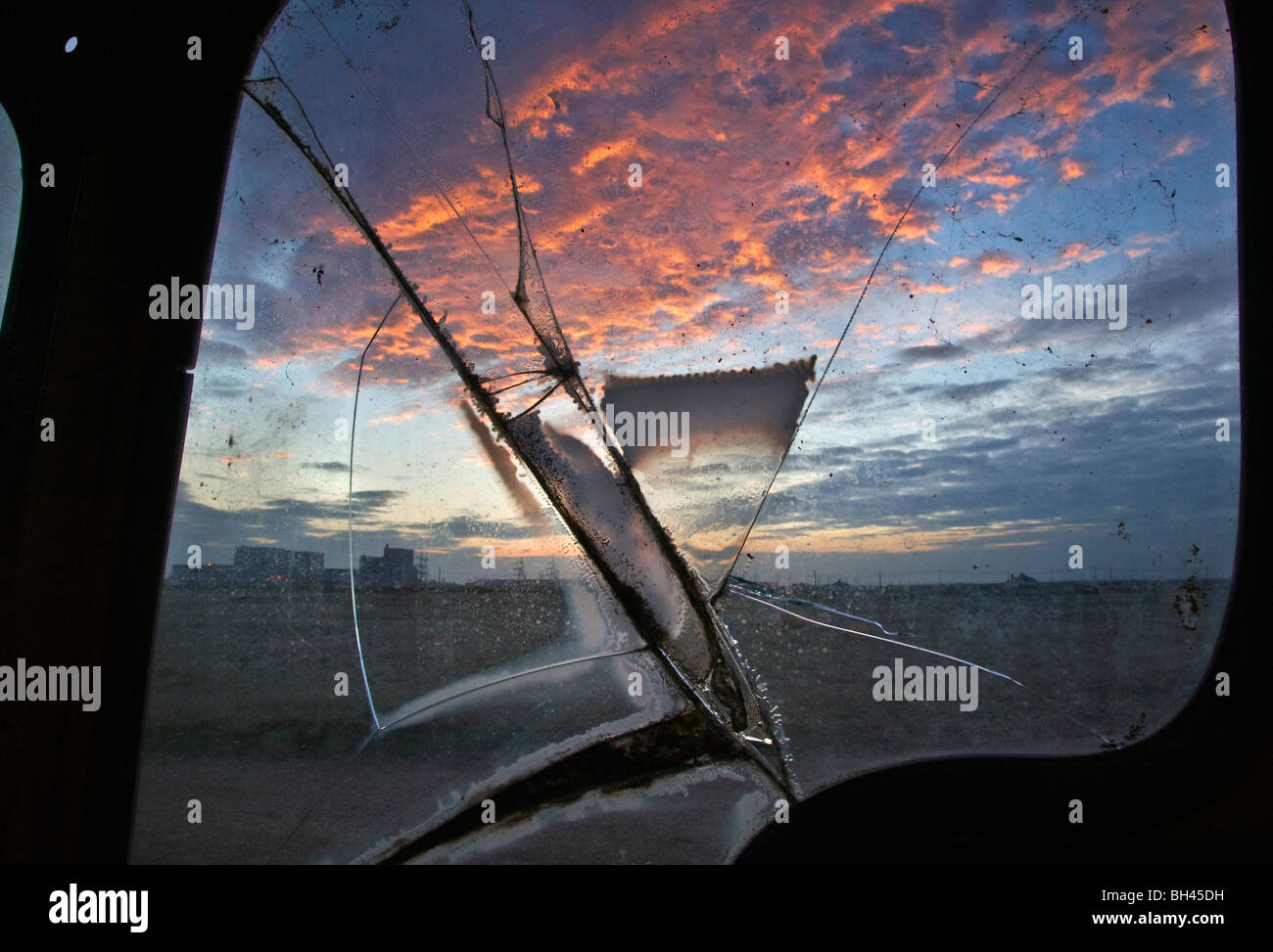 Dungeness nuclear power station viewed through a smashed window Stock ...