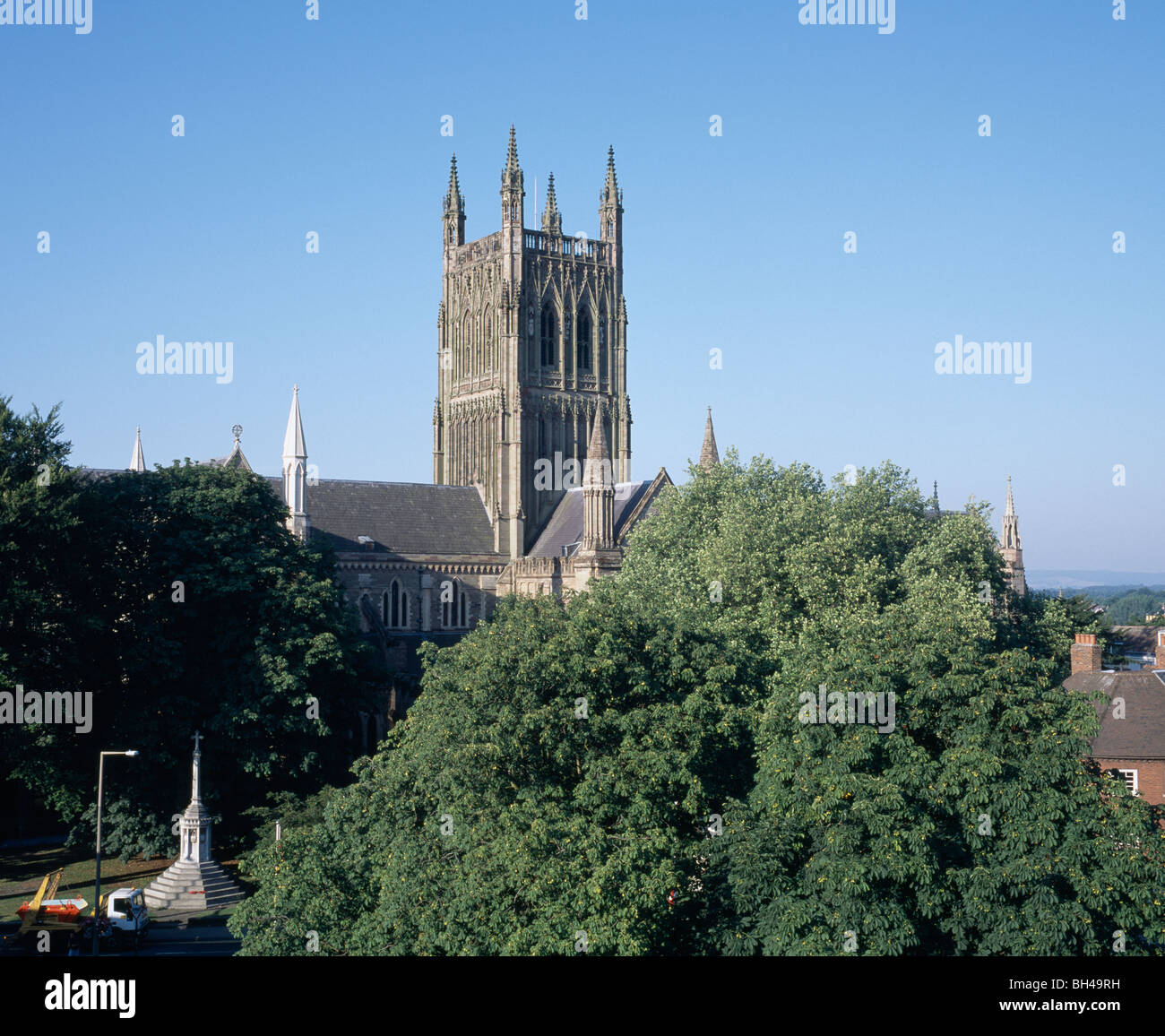 Worcester Cathedral tower from south west high level view. Completed ...