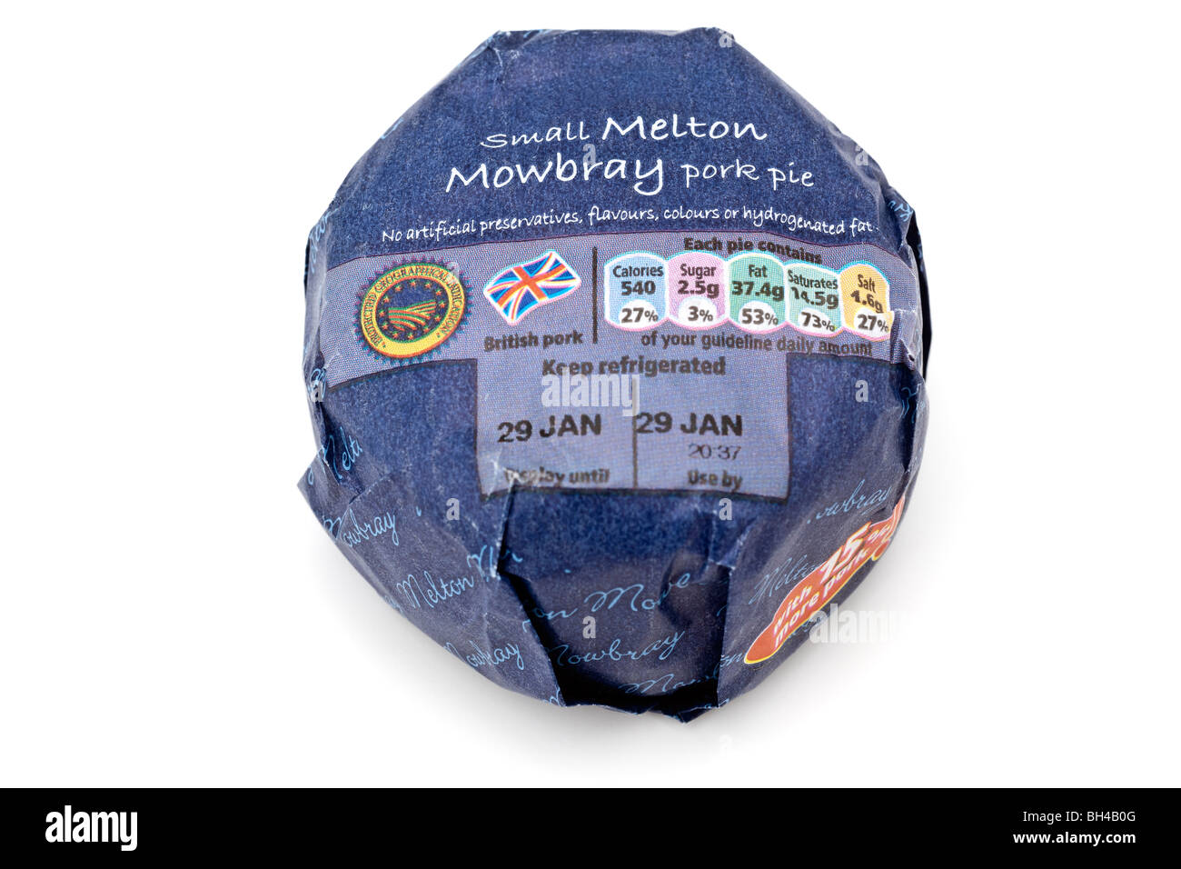 Small Melton Mowbray pork pie in a blue wrapper Stock Photo - Alamy