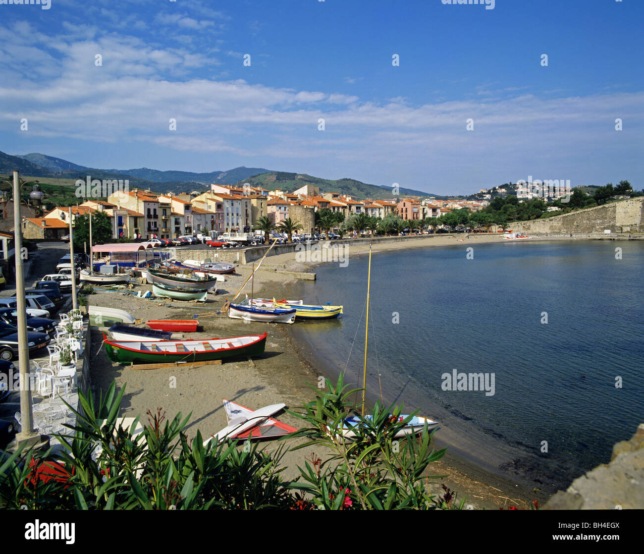 View of the beach at Collioure,, a town on the Mediterranean coast ...
