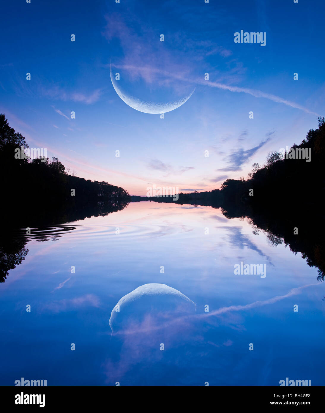 Moon and surreal reflection in lake, Whitnall Park, Wisconsin Stock ...