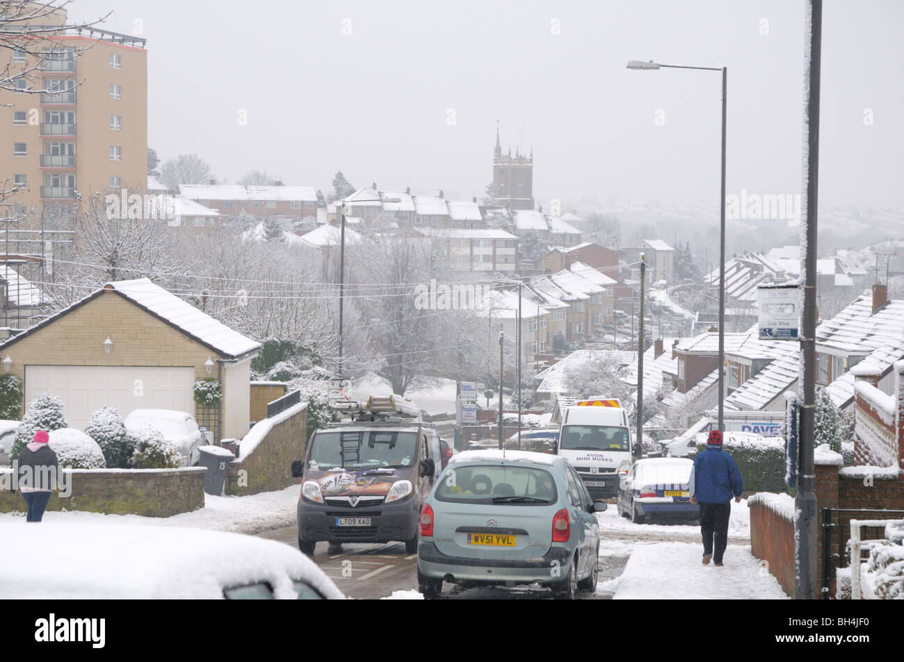 Snow covered suburban streets during uncommonly severe cold weather in ...