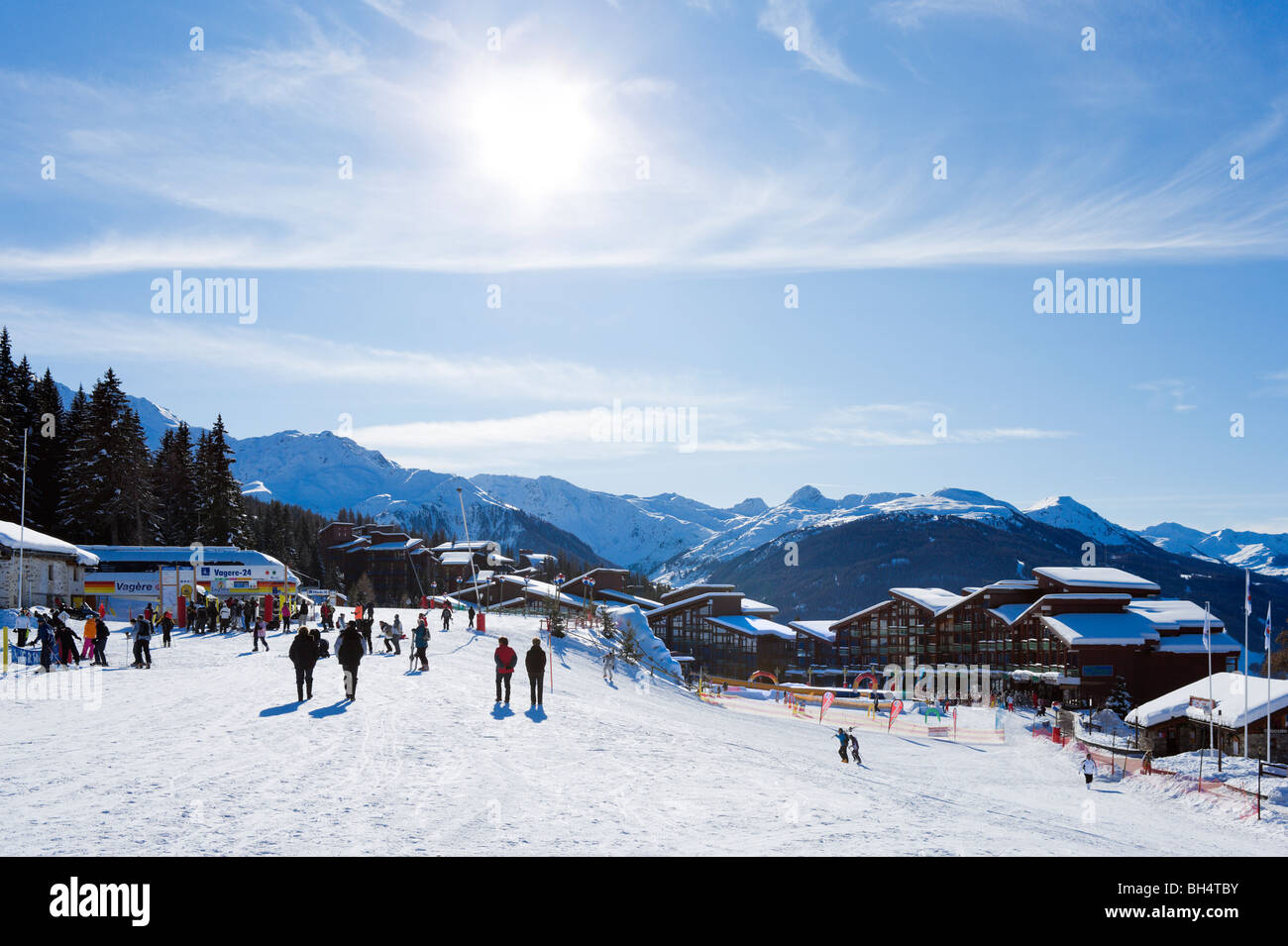 Bottom of the slopes in the resort centre, Arc 1800, Les Arcs ...