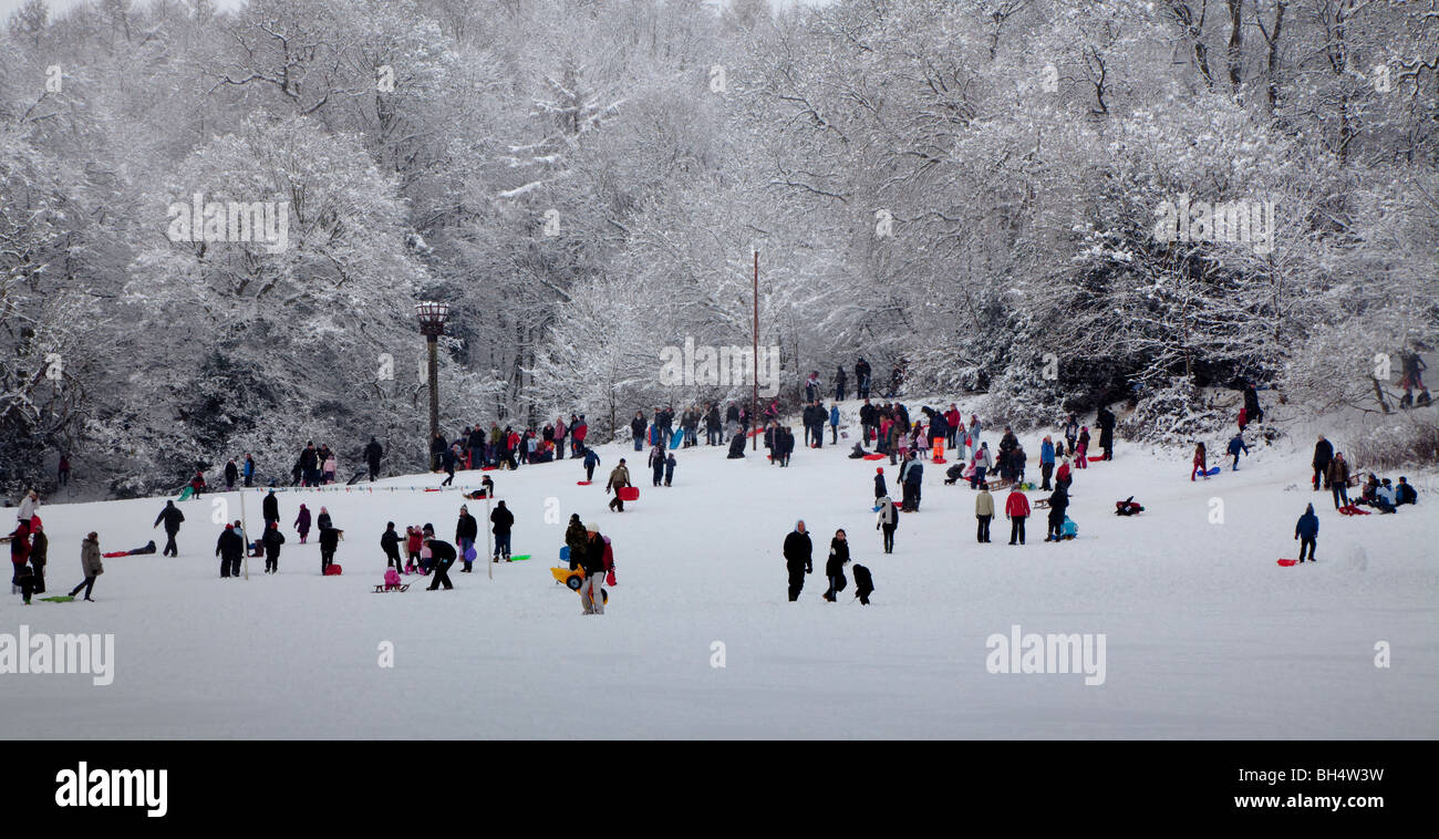 people playing in the winter snow scene in Priory park Reigate, Surrey ...