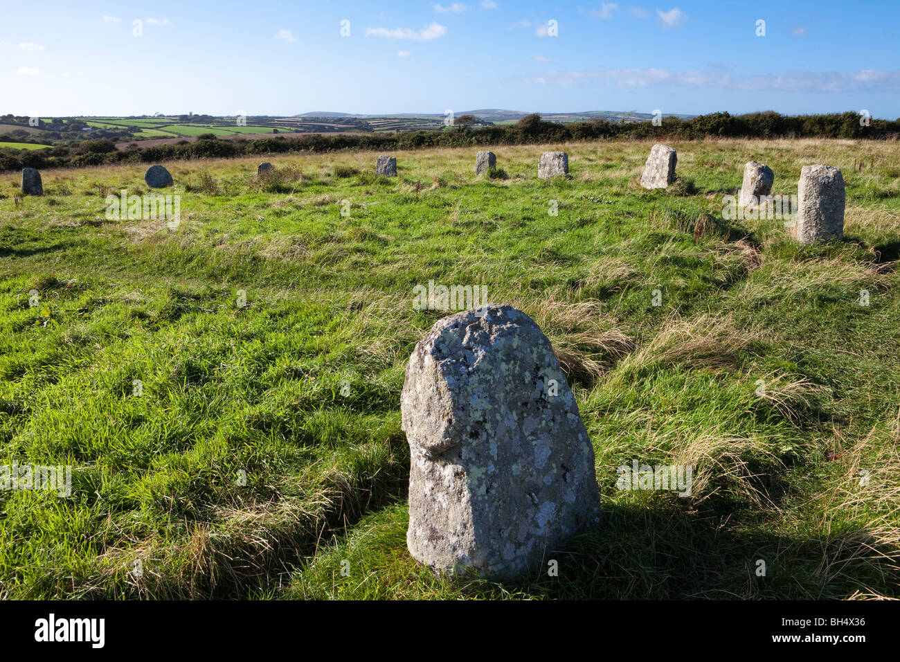 The Merry Maidens, a neolithic stone circle of 19 granite megaliths, SE ...