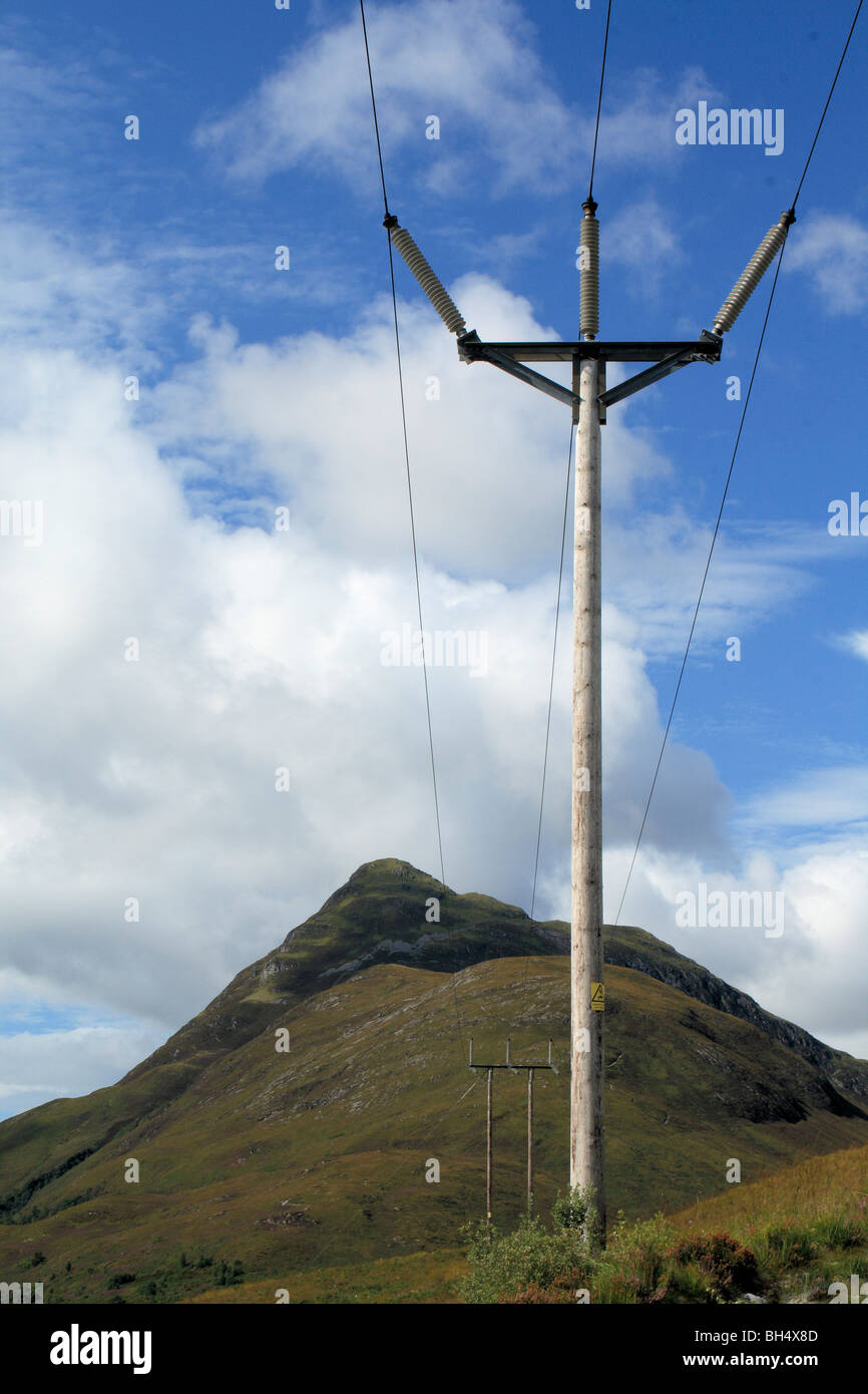 Electricity pylons carrying cables across the Mamore mountains above ...