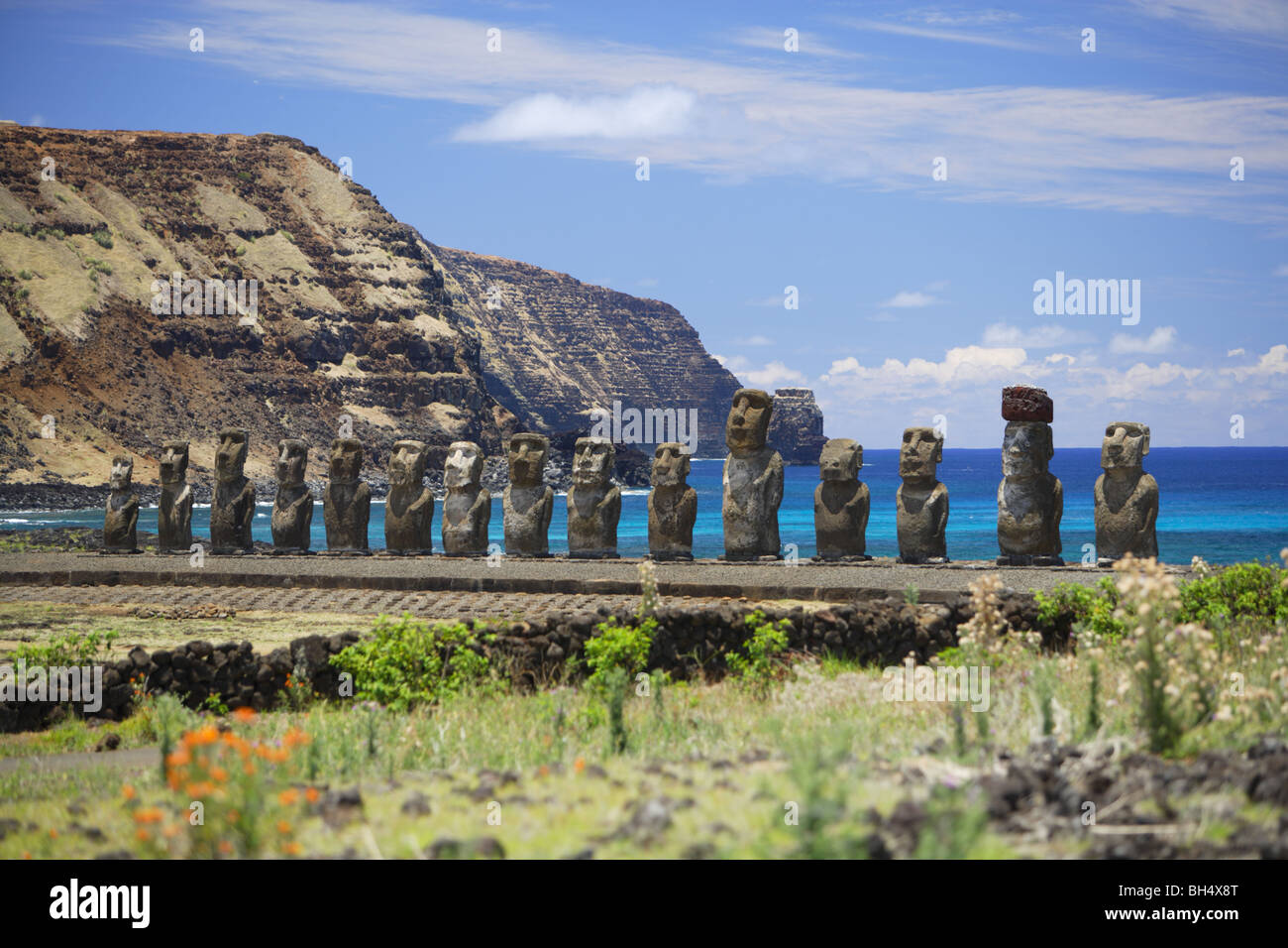 Moai statues on Ahu Tongariki platform on Easter Island, Chile Stock ...