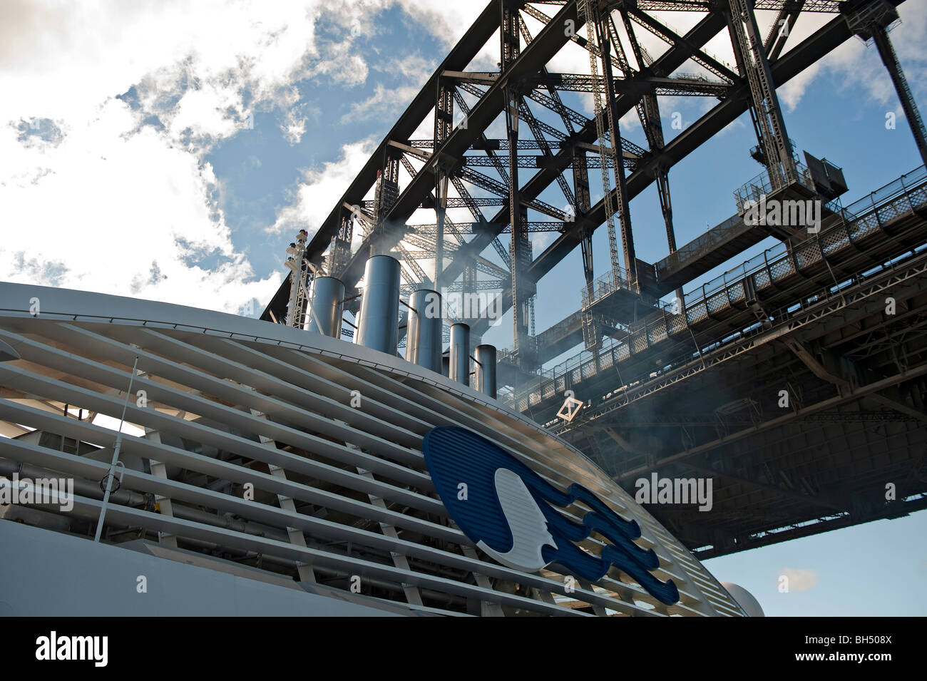 Funnel of a Luxury Cruise Ship passing under the Sydney Harbour Bridge ...