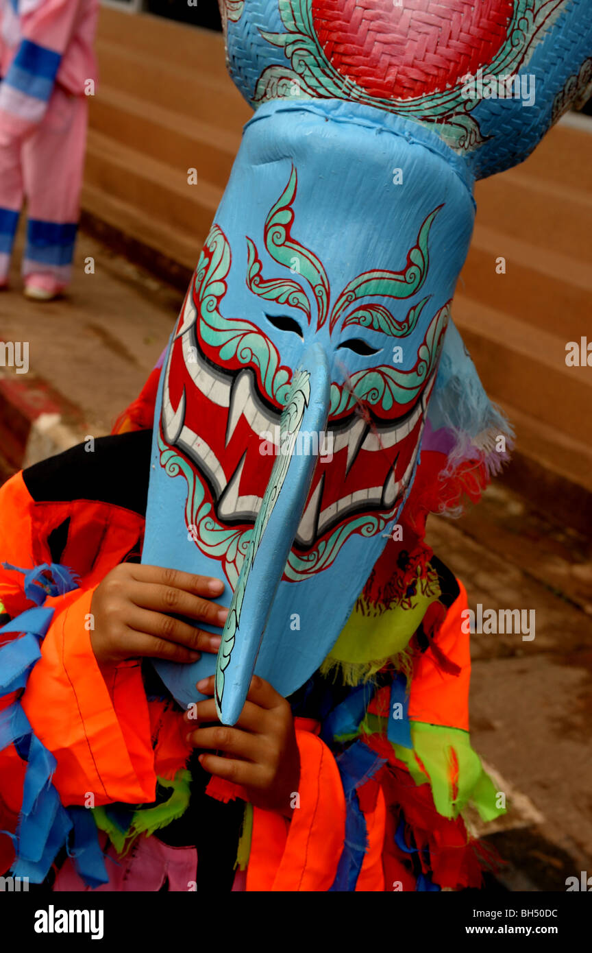 boy in ghost mask , pi ta khon festival , dansai , loei , north east ...