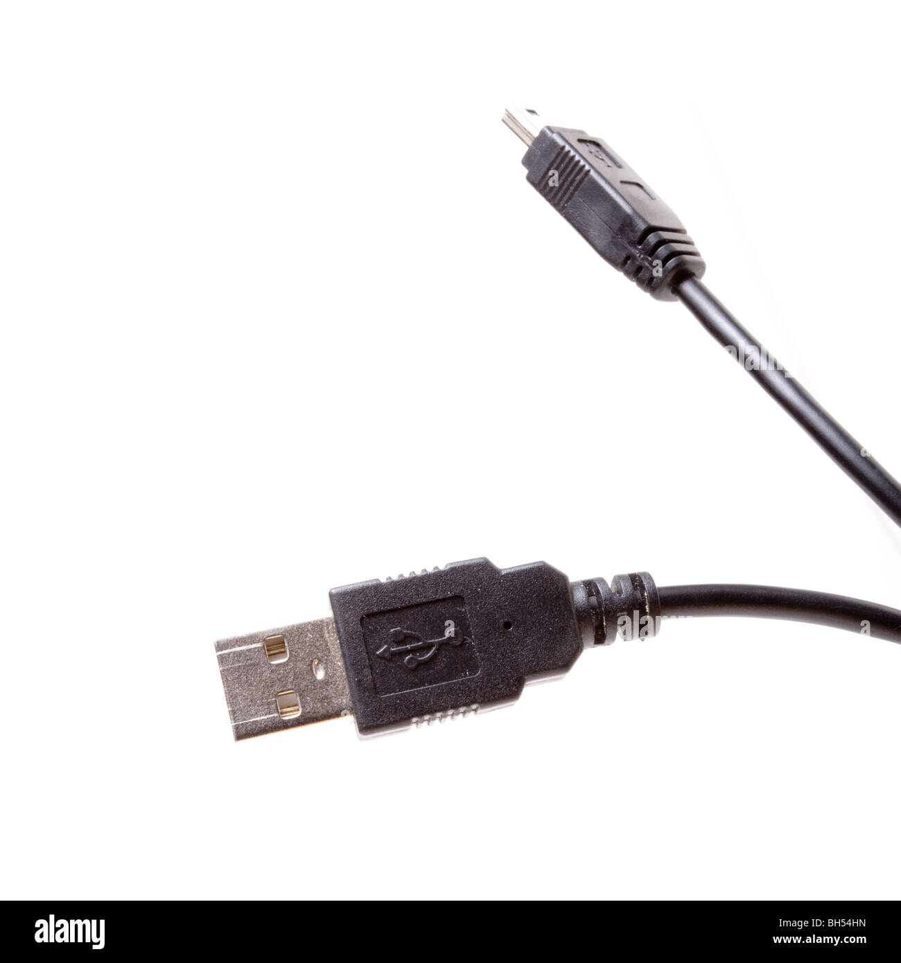 Black USB Standard and Mini Cable plugs close up isolated against white ...