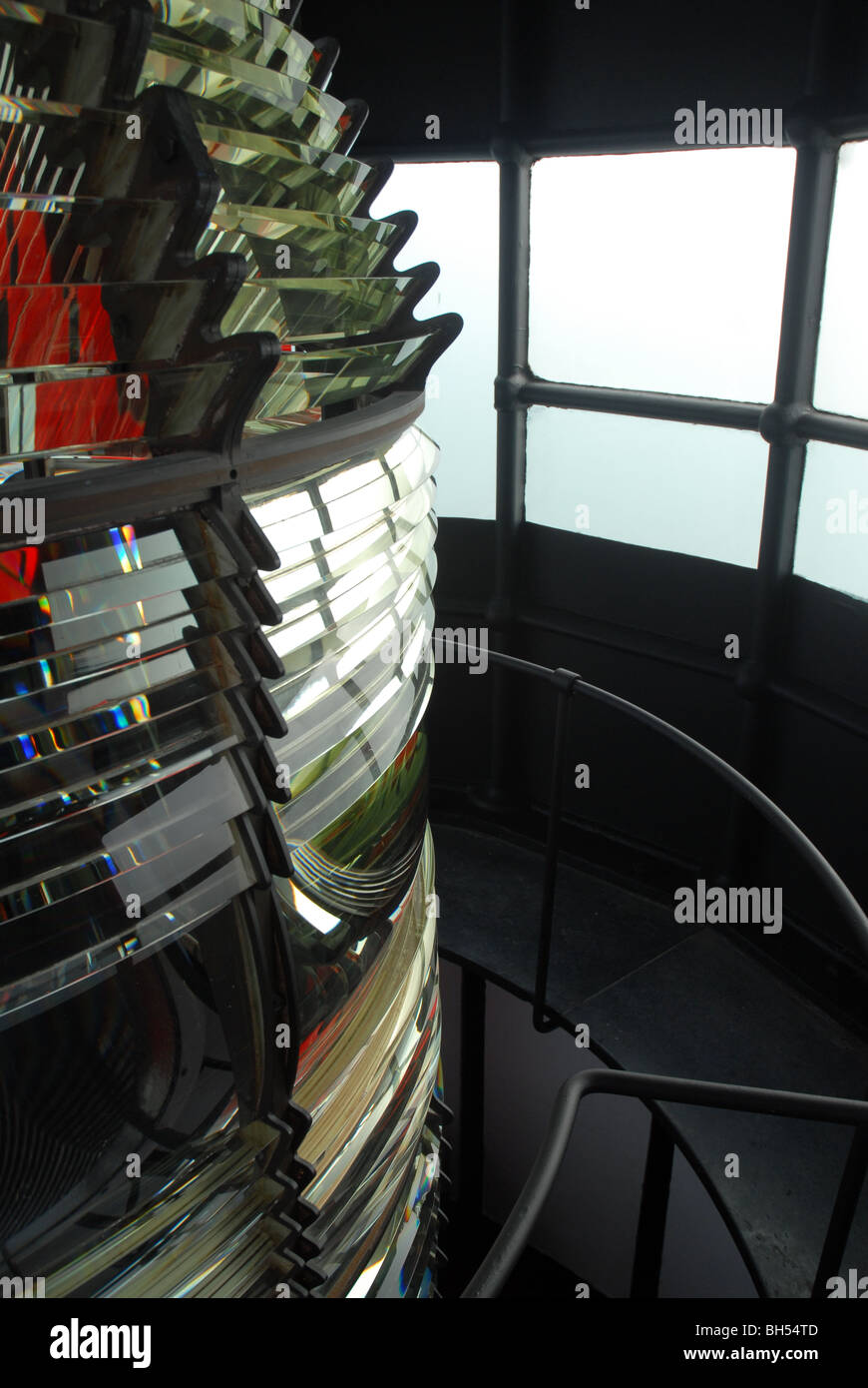 The interior of a lighthouse tower with a Fresnel lens system Stock ...
