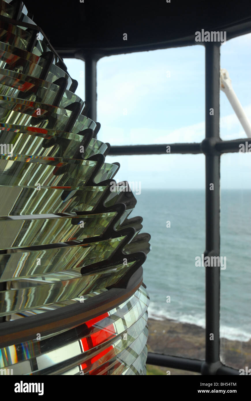 The interior of a lighthouse tower with a Fresnel lens system. It was ...