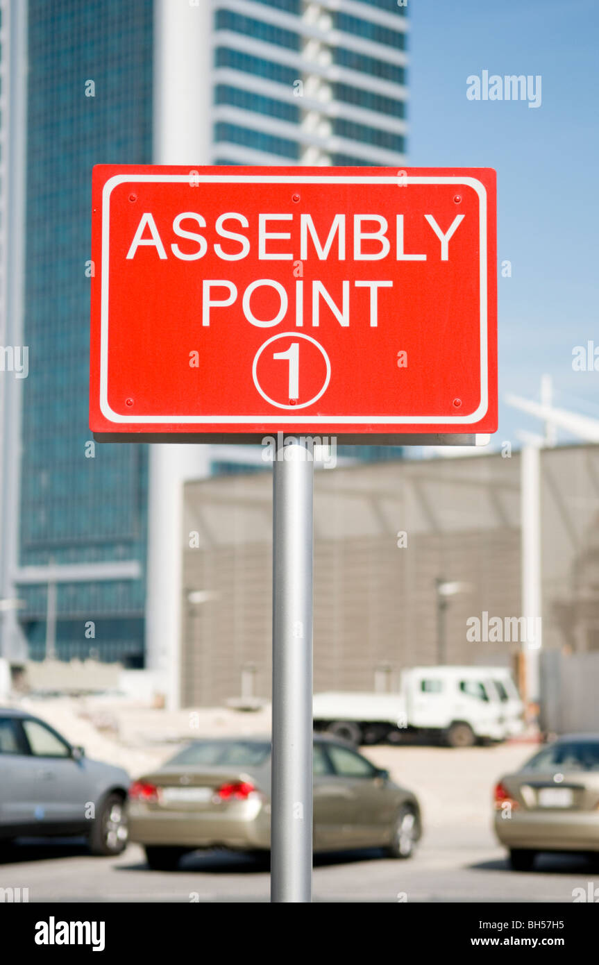 Assembly Point sign outside office tower in Doha, Qatar, Middle East ...