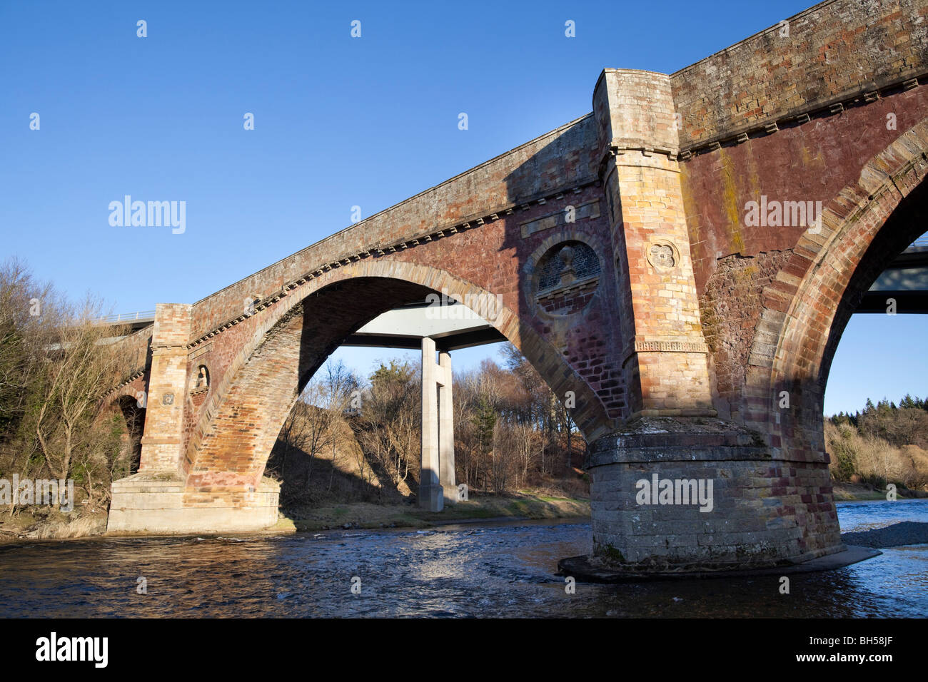 The old Leaderfoot road bridge over the Tweed in the Scottish Borders ...