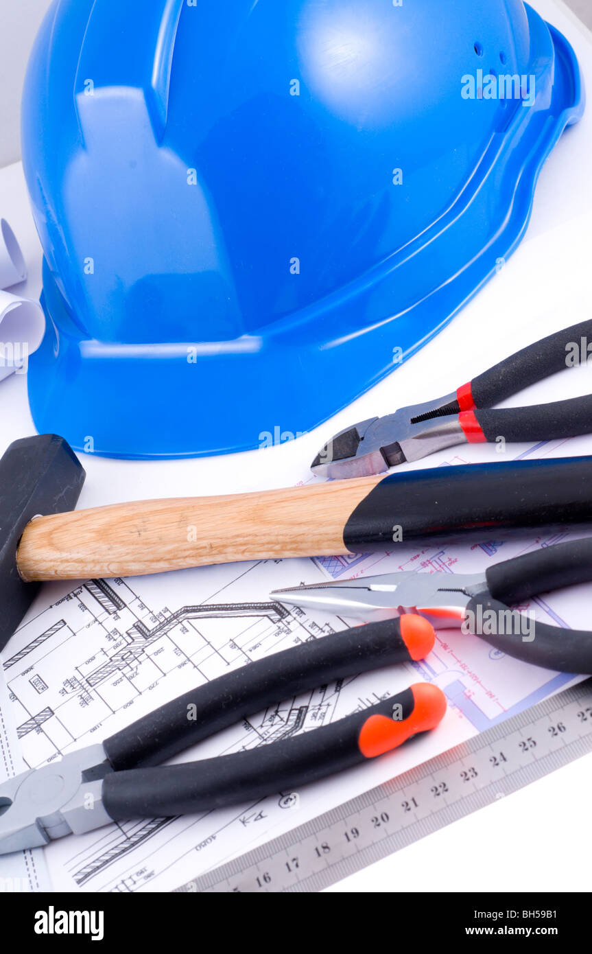 hard hat and working tools Stock Photo - Alamy