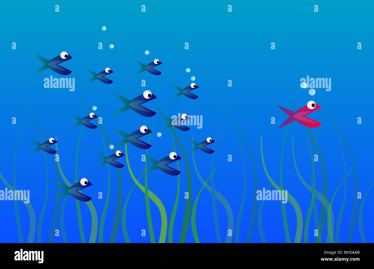 Illustration of a red colored fish leading a swarm of blue colored ...