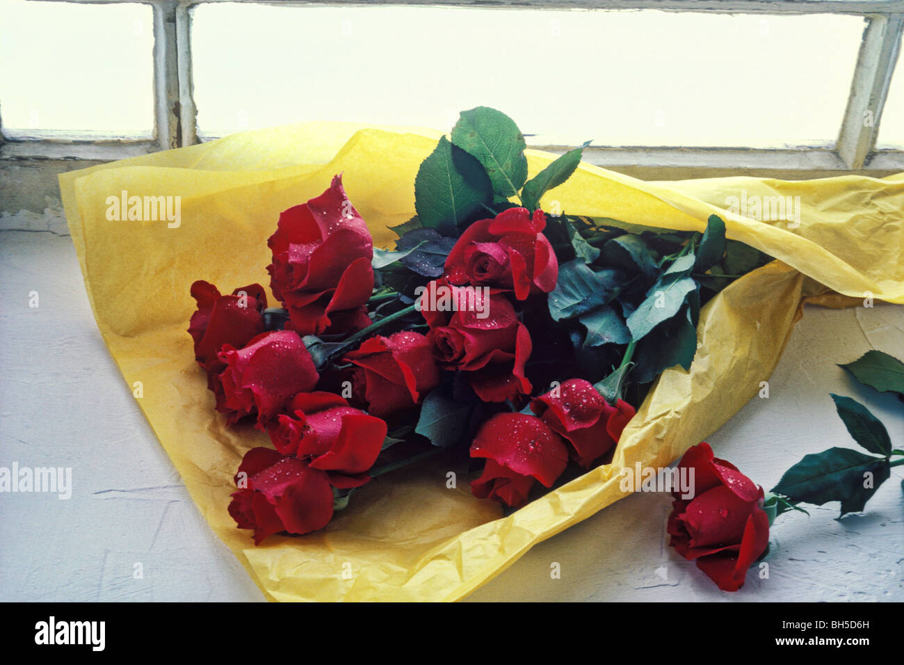 Red roses in yellow paper in window Stock Photo - Alamy
