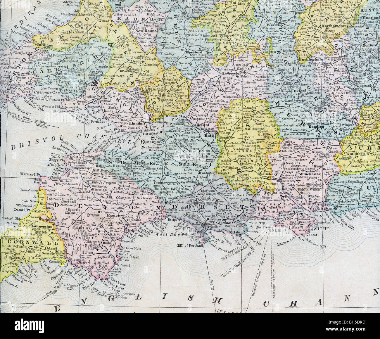 Old map of southwest England from original geography textbook, 1884 ...