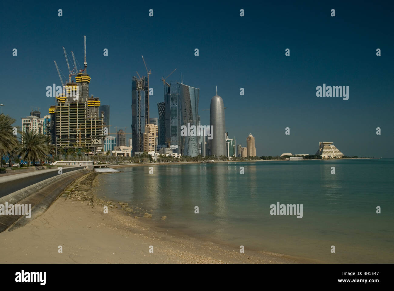Doha, Qatar skyline with sea and the Corniche promenade in the ...